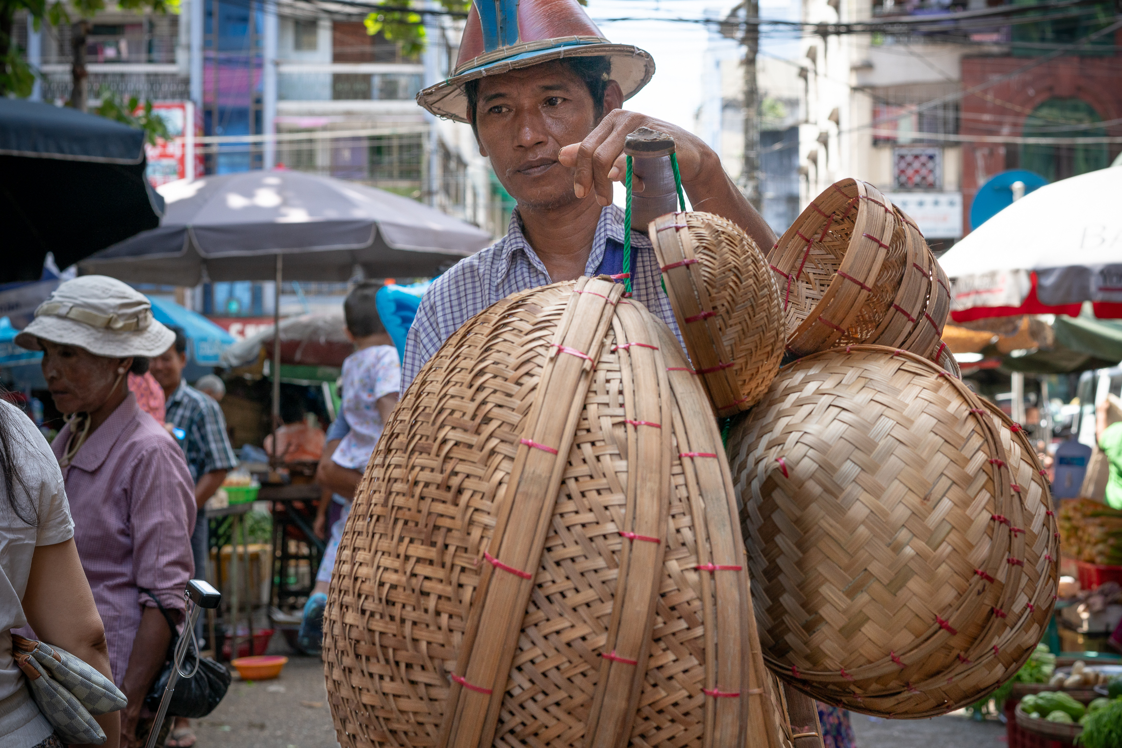 [Yangon, Myanmar] Moving Through The Crowd, The Man Was Selling Baskets ...